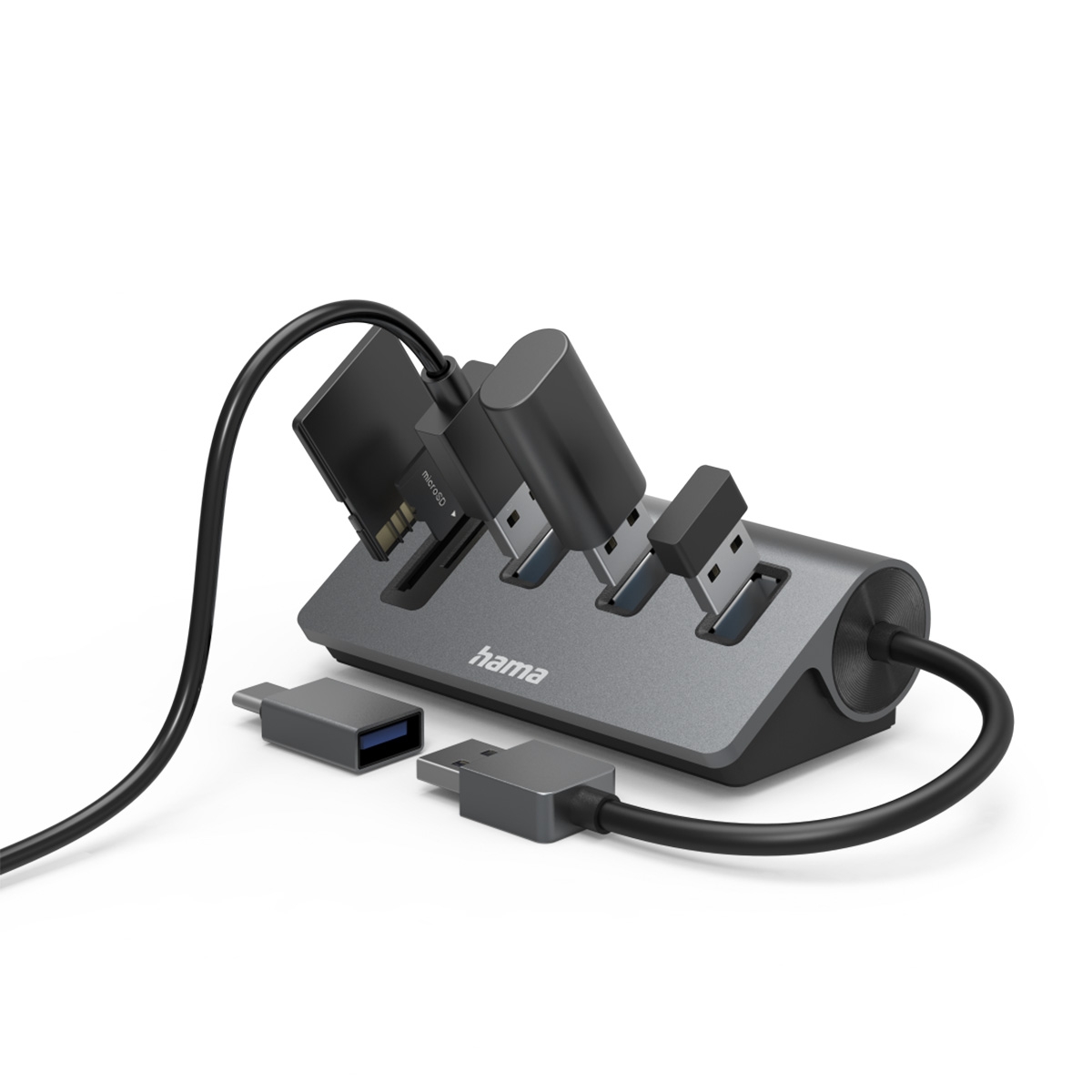 Hama USB Hub/Card Reader with USB-C Adapter, 3x USB-A Ports, SD and mi ...